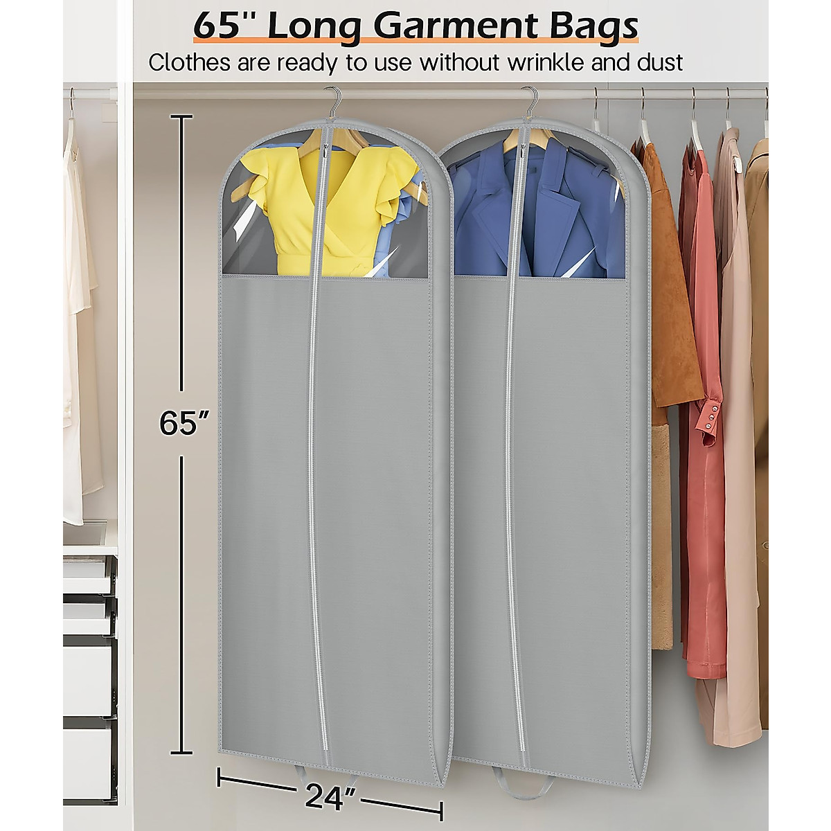 MISSLO 65" Foldable Garment Bags for Hanging Clothes Travel Waterproof Dress Bags for Gowns Long for Closet Storage Dress Protector Bag for Gowns, Suits, Coats, Grey, 2 Packs