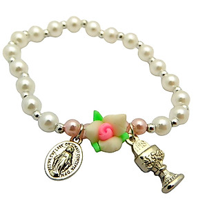 First Communion Rosary Bracelet Rose Stretch Wrist Fashion for Girls with Holy Prayer Card and Bag Gift Set