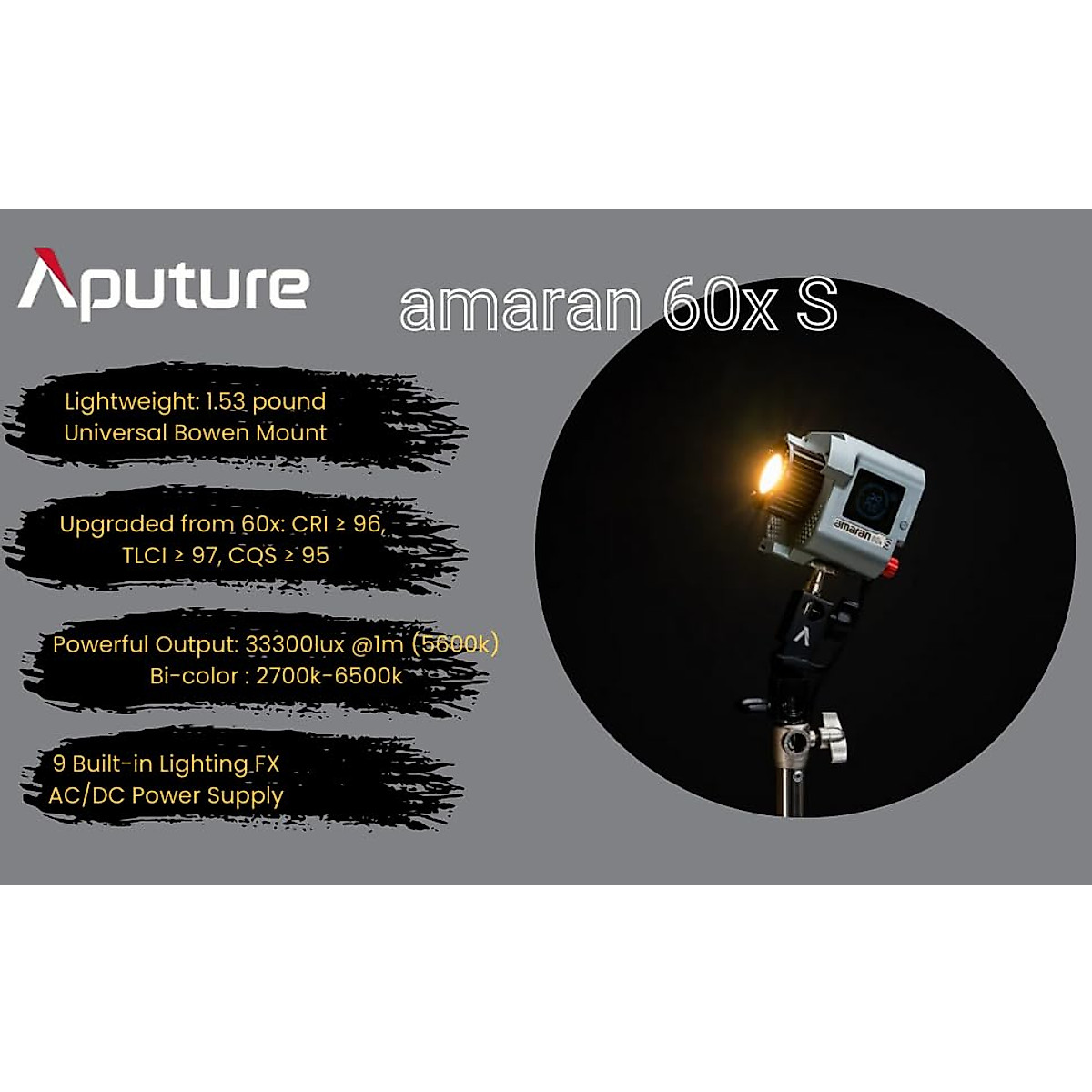 Aputure Amaran 60X S Bi Color LED Video Light 2700-6500K, Upgraded TLCI 97+ CRI 96+ SSI 87+, 9 Lighting Effects, APP Control, DC/AC Power Supply with Ginisfoto Cloth for Studio and Filming