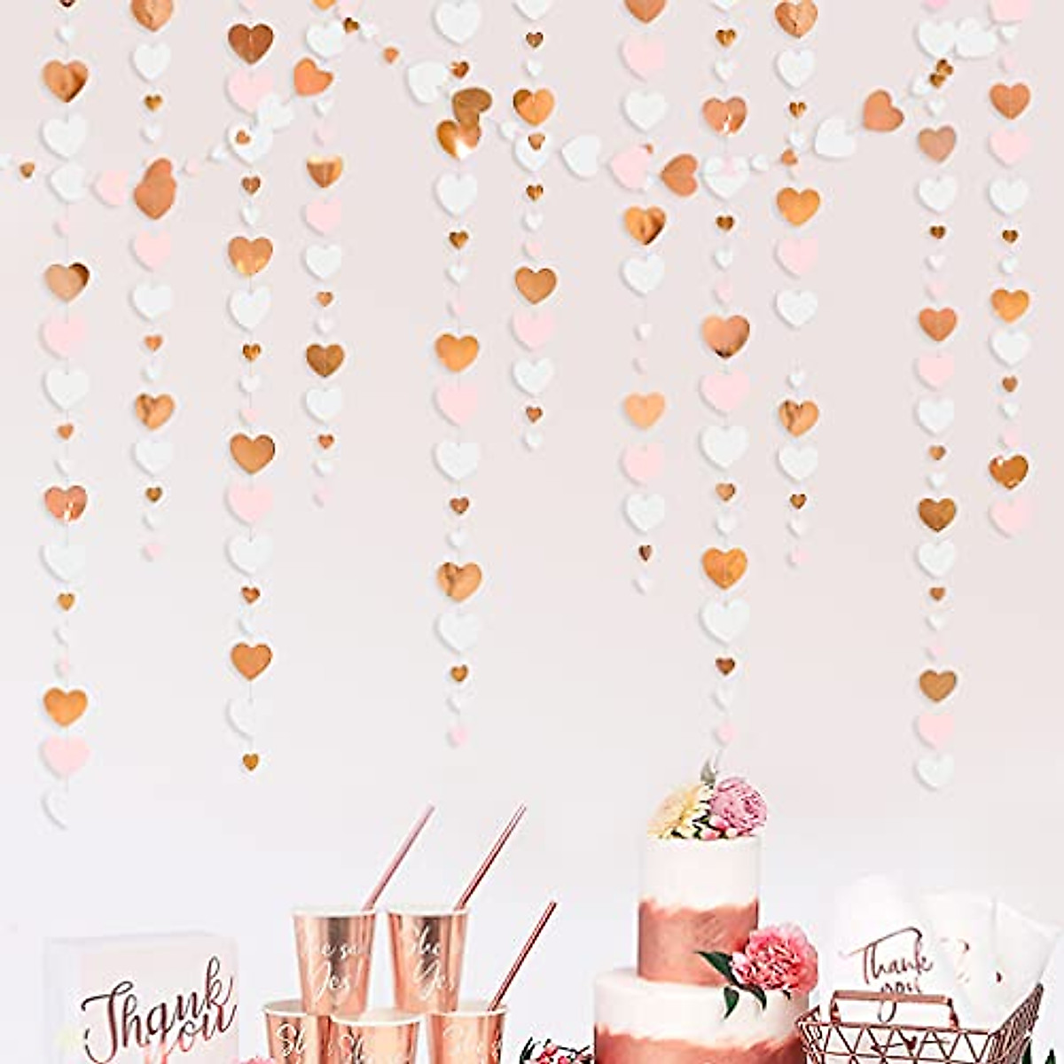 52Ft Rose Gold Pink and White Love Heart Garland Hanging Paper Streamer Banner for Anniversary Mother's Day Valentines Day Bachelorette Engagement Wedding Baby Bridal Shower Birthday Party Decorations