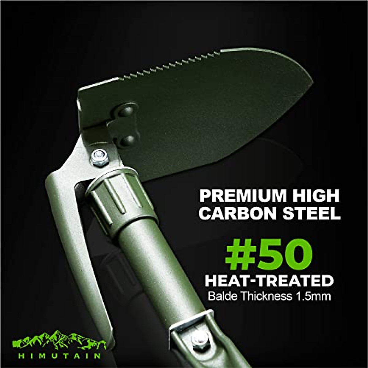 Himutain 18.5'' Military Folding Camping Shovel, w/Pick Foldable Tactical Shovel for Gardening, Camping, Hiking, Outdoor, Backpacking, Emergency (Olive)