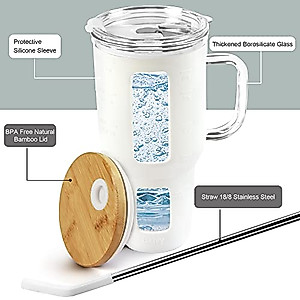32 oz Glass Tumbler with Bamboo Mug 2 Straws & 2 Lids, Reusable Glass Water Bottles with Handle, Iced Coffee Cup with Silicone Sleeve, Boba and Drinking Straw Fits in Car Cup Holder BPA Free,White