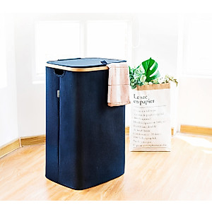 Lonbet - Laundry Hamper with Lid Cover - Sturdy Tall Bamboo Laundry Basket Clothes Organizer - Aesthetic Bedroom Fabric Bin - Big Bathroom Dirty Clothes Hamper - Removable Bag - XL 100 Liters - Blue