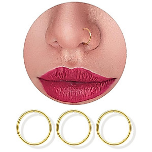 14K Gold Nose Rings Hoops for Women 22 Gauge, Small Thin Nose Piercing Jewelry (Gold, 3pcs 8mm 22g)