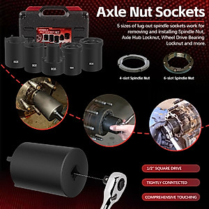 Spindle Nut Socket Tool Kit 5 Pcs Axle Hub Lock Nut Socket Set 1/2” Drive Wheel Drive Spindle Nut Remover Installer for Ford Dana 50/60, Chevy, and Dodge, Replace# 648636 Lug Out Spindle Socket Set