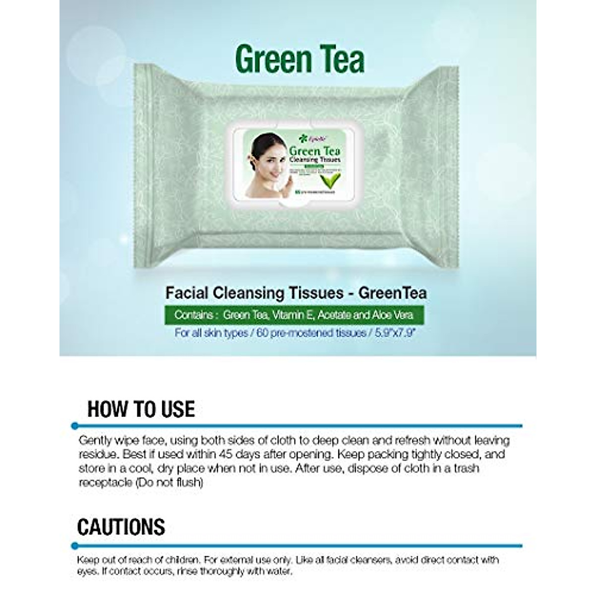 Epielle OG Makeup Remover Cleansing Wipes Tissue Green Tea Towelettes - 60ct (Sheets) per pack, Total 4 packs Beauty Stocking Stuffers Gift