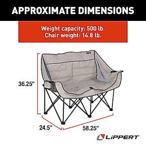 Lippert Campfire Folding Loveseat with 500-lb. Weight Capacity, Carry Bag, Durable Mesh Fabrics, High-Loft Cushioning, Storage Pocket, Dual Cupholders, Stemmed Wine Glass Holder (Sand) - 2021000205