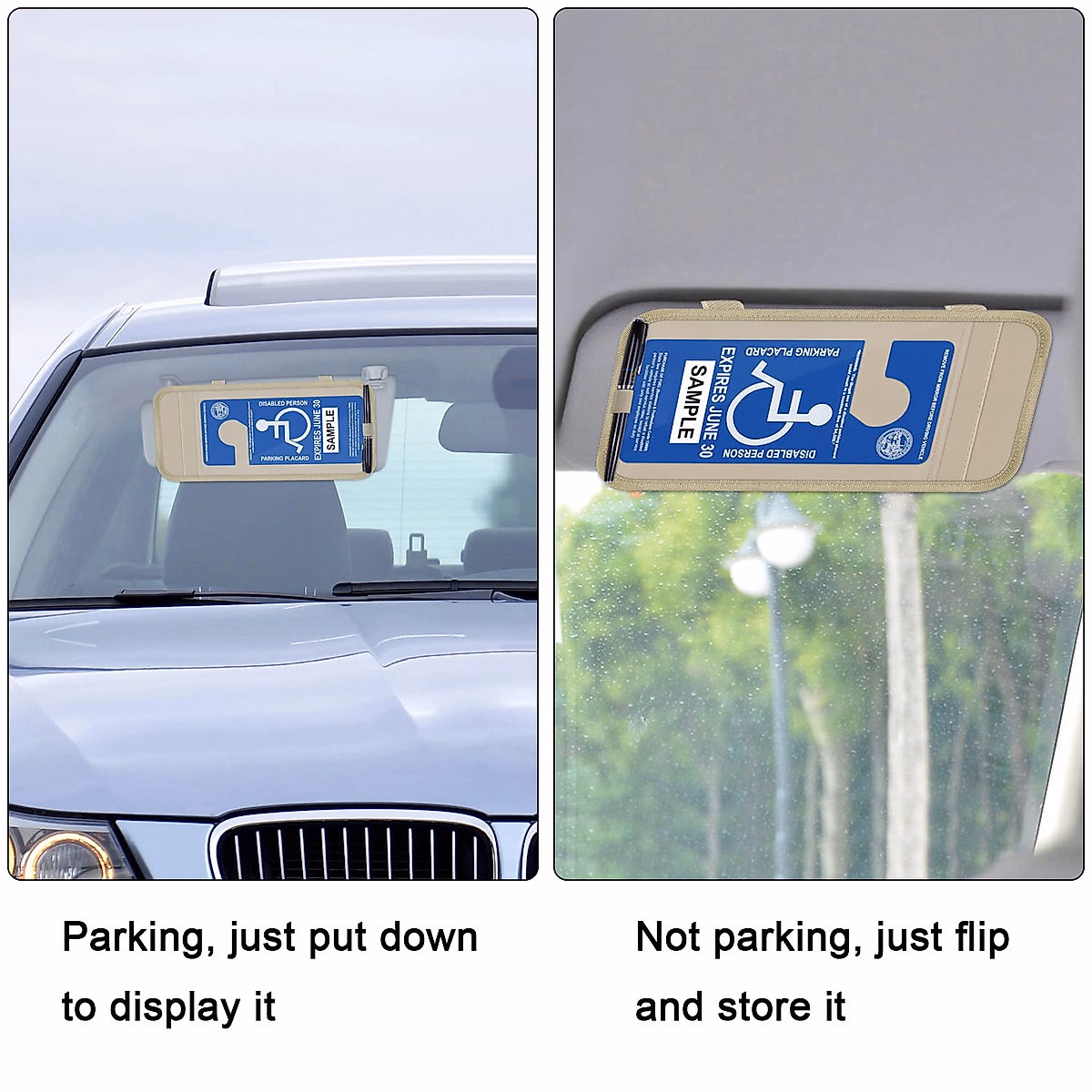 Handicap Placard Holder for Auto, Wisdompro Disabled Parking Permit Sign Protector for Car Sun Visor with Note Paper Slot, Pen Holder and Elastic Strap - Khaki