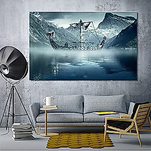 CINORD Landscape Cold North Sea Viking Long Ship Canvas Painting On The Wall Art Posters Bedroom Home Decor Living Room Prints (Framed,60x90cm)