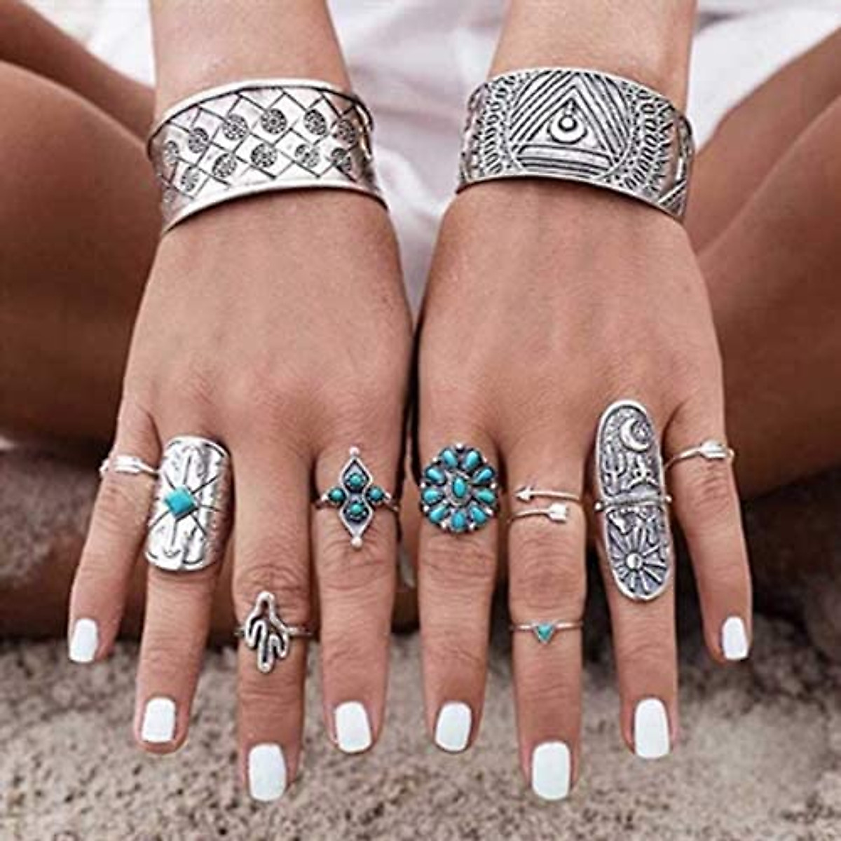 Fuqimanman2020 9pcs Boho Silver Statement Rings Joint Knuckle Ring Set