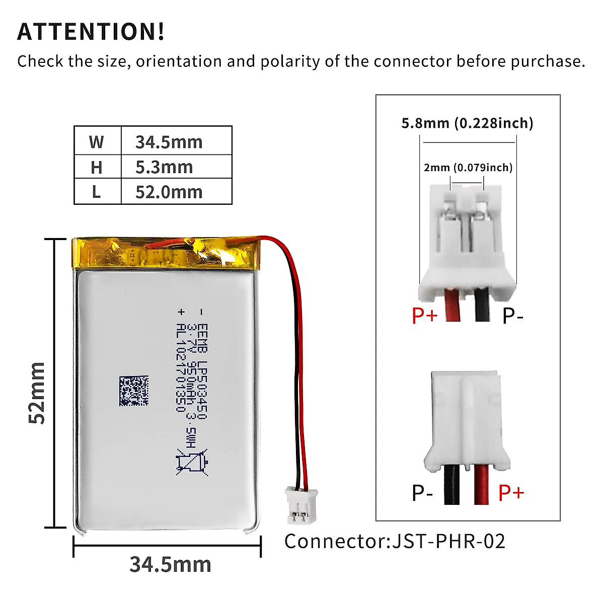 EEMB 3.7V Lipo Battery 950mAh 503450 Lithium Polymer ion Battery Rechargeable Lithium ion Polymer Battery with JST Connector Make Sure Device Polarity Matches with Battery Before Purchase