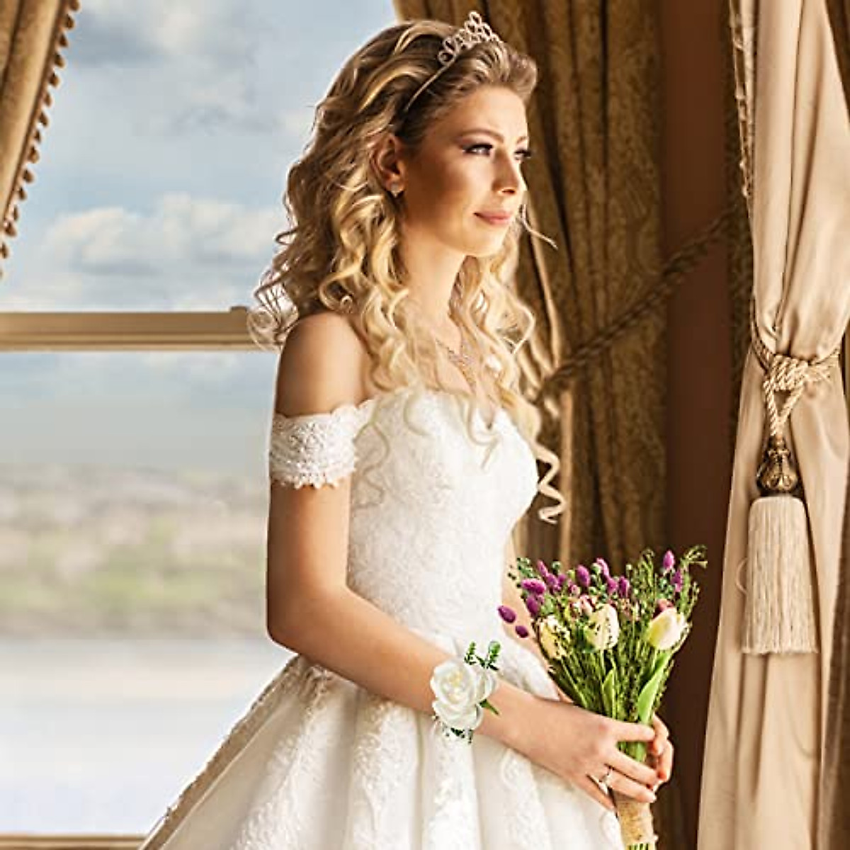 Yanmucy Corsage and Boutonniere Set Flower Wrist Corsage Bracelets for Wedding White Champagne Blue Pink Prom Corsage for Girls Boys Bridesmaid Best Men Dress Suit Decoration