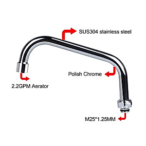 KWODE 14” Swivel Spout Replacement Kit for Commercial Kitchen Sink Faucet with Swing Nozzle Stainless Steel Add-on Spout Chrome Polished Finish(Connector Size is M25*1.25MM)