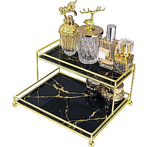Z PLINRISE Makeup Organizer, 2-Tier Glass Vanity Tray for Perfume, Makeup and Toiletries, Wire Bathroom Cosmetic Shelf for Dresser, Countertop and More