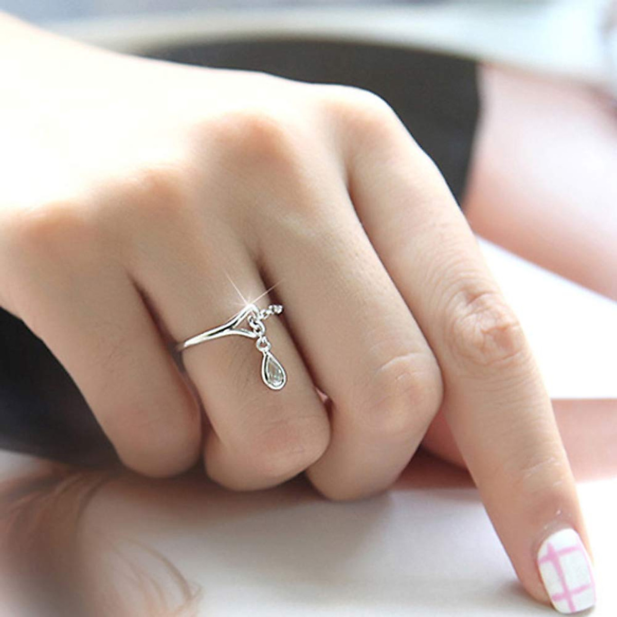 SEniutarm Engagement Love Rings Wedding Bands Adjustable Chain Teardrop Cubic Zirconia CZ Hollow Heart Opening Finger Ring for Women/Girl Finger Rings DIY Jewelry Gifts - Silver