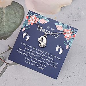 WSNANG First Time Mom Pregnancy Gift Necklace with Message Card Feet Footprints Pendant Necklace for Expecting Mom (Feet Bump NL Card)