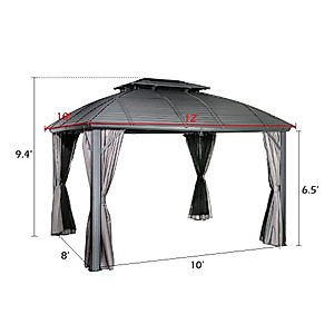 Patio Tree 10' x 12' Aluminum Outdoor Gazebo, Patio Permanent Hardtop Gazebo with Netting and Privacy Curtains