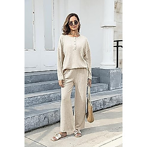 FREEYE Two Piece Outfits for Women, 2023 Fall Lounge Sweatsuits Knit Sweater Sets Pullover Loungewear Matching Pants Comfy Maternity Pajamas Apricot M
