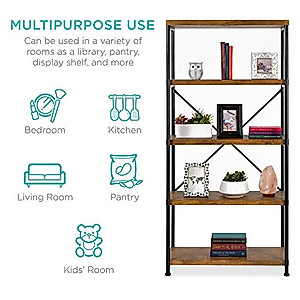 Best Choice Products 5-Tier Rustic Industrial Bookshelf Display Décor Accent for Living Room, Bedroom, Office w/Metal Frame, Wood Shelves - Brown