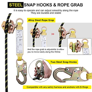 Vertical Lifeline Rope Assembly 25 ft with Rope Grab Snap Hooks Shock Absorber CE Standard for Fall Protection Roofing Safety Equipment Tools Rope Kits