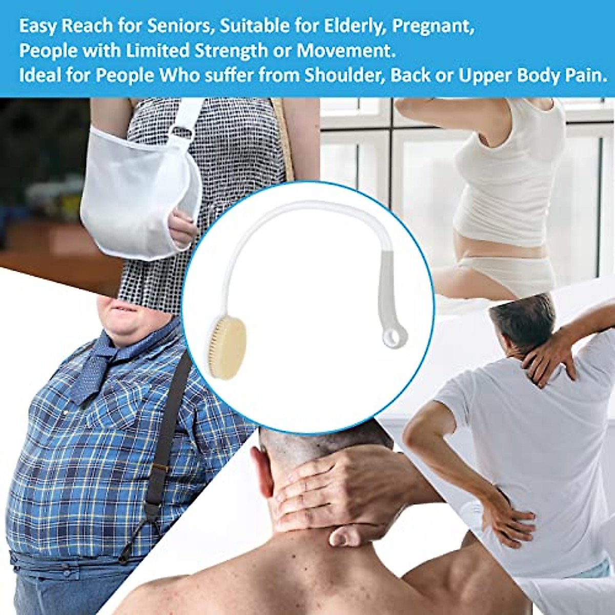 FULLOFJOY Back Bath Brush Long Handle for Shower, Curved Back Scrubber for The Elderly, Disabled, Limited Mobility, U-Shaped Body Shower Brush for Man and Woman, 27.56” Length