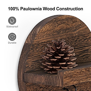 Lwenki Key Holder for Wall – Decorative Key Hook Shelf for Entryway Decor – 7.9 Inch Round Paulownia Wood Hey Hanger with 5 Metal Hooks Includes Mounting Hardware and Installation Guide