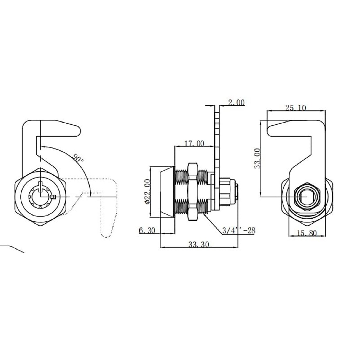Cam Lock 5/8" Toolbox Lock 90 Degree, Tubular Lock with 2 Keyes, Cylinder Lock for File Cabinet and Mailbox use, Zinc Alloy