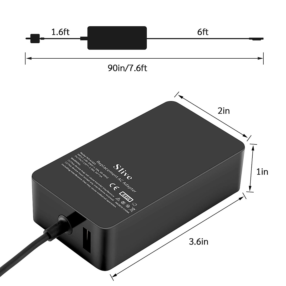 Slive Updated Version Surface Pro Charger, 44W 15V 2.58A, Compatible for Microsoft Surface Pro 3, Pro 4, Pro 5, Pro 6, Pro 7 Surface Laptop 1/2, Surface Book & Surface Go, with 5V 1A USB Charging Port