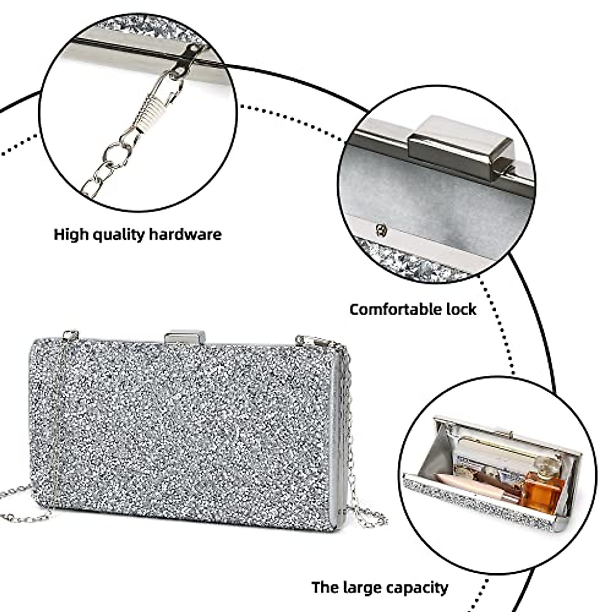Silver Clutch Purses for Women Evening Bride Crystal Bags and Clutches Prom Bag Glitter Purse Womens Wedding Prom Party (Silver)