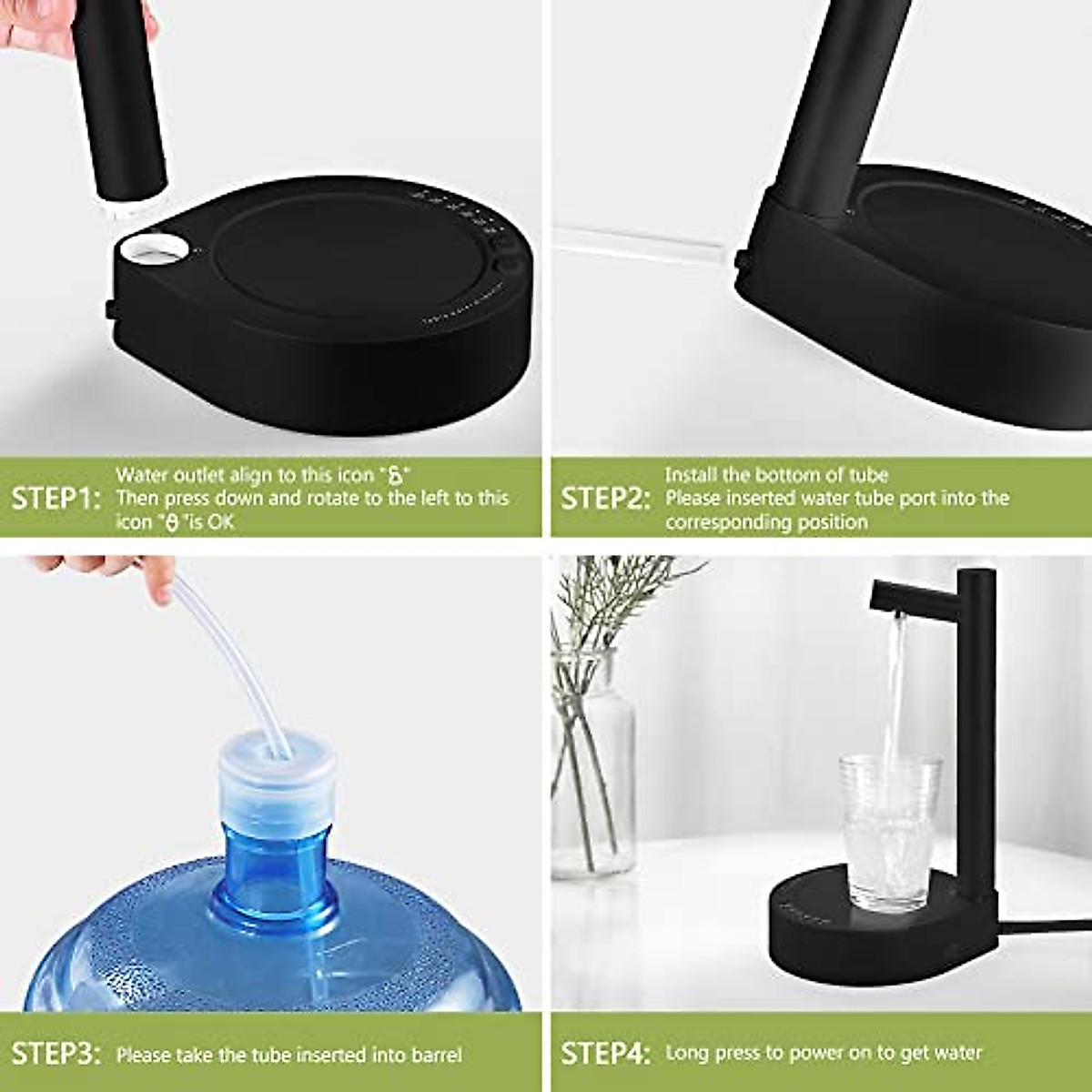 AUAUY Desktop Water Bottle Dispenser, Smart 6 Levels Table Top Water Dispensers for 5 Gallon & Universal Bottles, USB Portable Charging Automatic Water Jug Dispenser for Home,Office,Outdoor(Black)