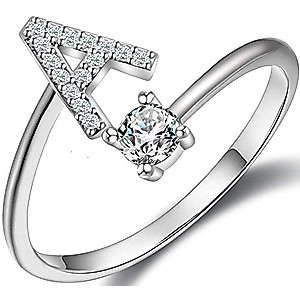 Haoze Initial Letter Ring for Women Silver Stackable Alphabet Rings with Initial Adjustable Crystal Inlaid Initial Rings Bridesmaid Gift(A)