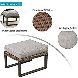 LOKATSE HOME Outdoor Ottoman Footstool Wicker Small Seat Patio Rattan Furniture with Soft Thick Cushion, U Shaped Steel Legs, Gray