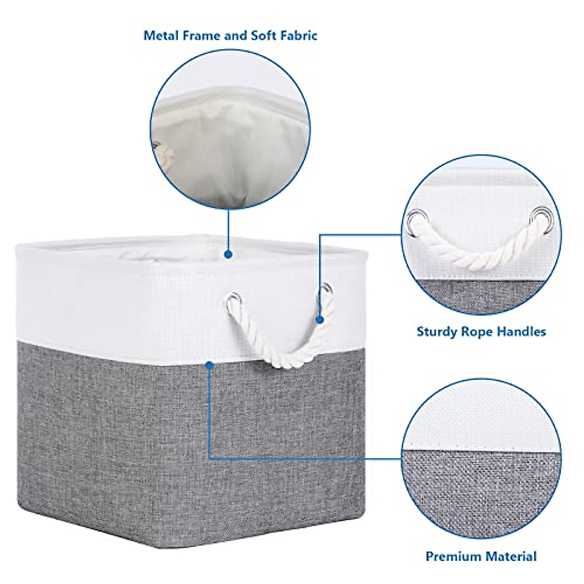 EvanColin Fabric Storage Cubes for Organizing, 11 inch Cube Storage Bin for Shelf, Home, Office, Canvas Storage Cube Bins with Rope Handles, Christmas Baskets for Gifts Empty(White&Grey,4-Pack)