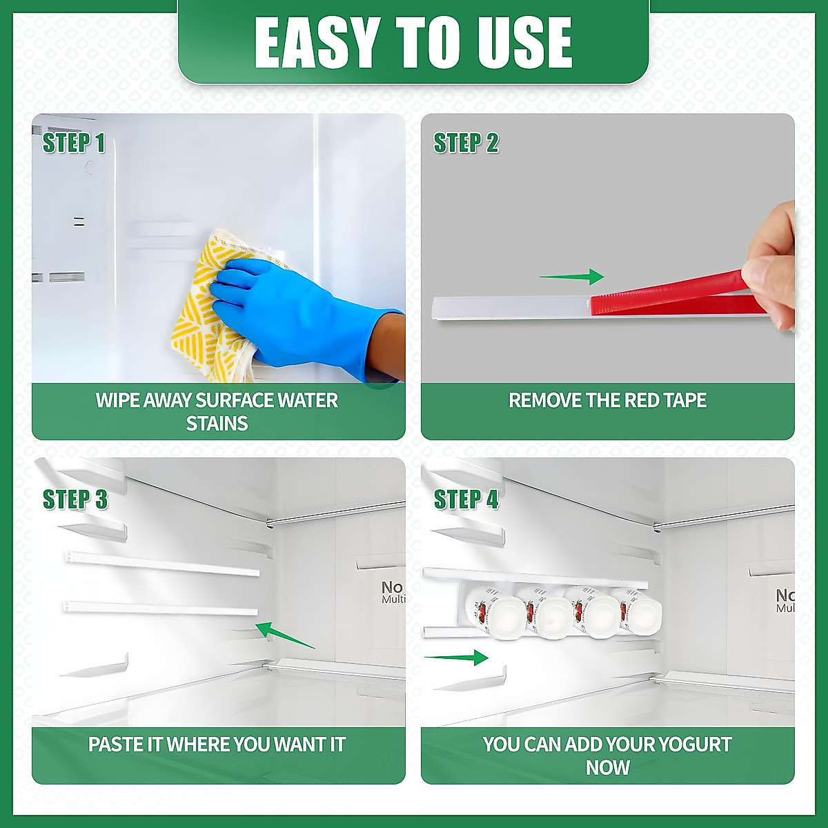 4 Pack Yogurt Organizer for Fridge, Yogurt Fridge Holder, Yogurt Holder with Adhesive Tapes for 3.75 Inch Yogurt, Yogurt Holder Tapes for Greek and Vegan Yogurt