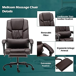 MELLCOM Massage Office Chair with Extendable Footrest, Pu Leather Executive 6 Pointed Vibrating Computer Gaming Chair with Headrest Support, Adjustable Back Recline, Brown