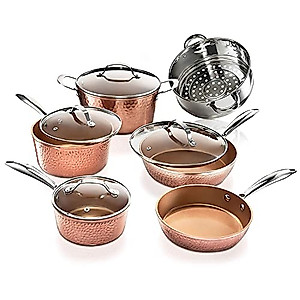 Gotham Steel Pots and Pans Set – Premium Ceramic Cookware with Triple Coated Ultra Nonstick Surface for Even Heating, Oven, Stovetop & Dishwasher Safe, 10 Piece, Hammered Copper