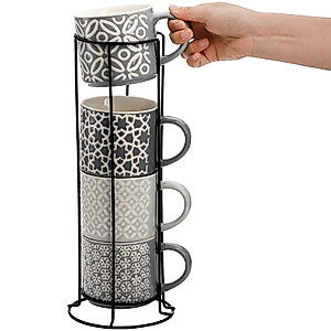 Hiceeden Set of 4 Coffee Mugs with Metal Stand, 15 oz Stackable Espresso Cups Ceramic Coffee Mugs for Cocoa, Latte, Americano, Cappuccinos or Beverages