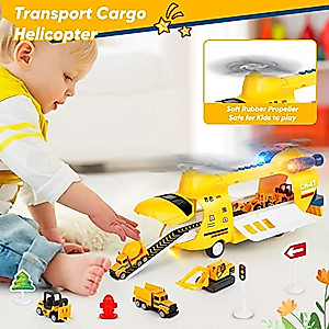 Airplane Toy with Construction Toy Cars Set, Transport Cargo Airplane with Lights and Sounds, 6 Mini Car Toys & 11 Road Signs, Toy Airplane Gifts for 3 4 5 6+ Years Old Kids Boys and Girls
