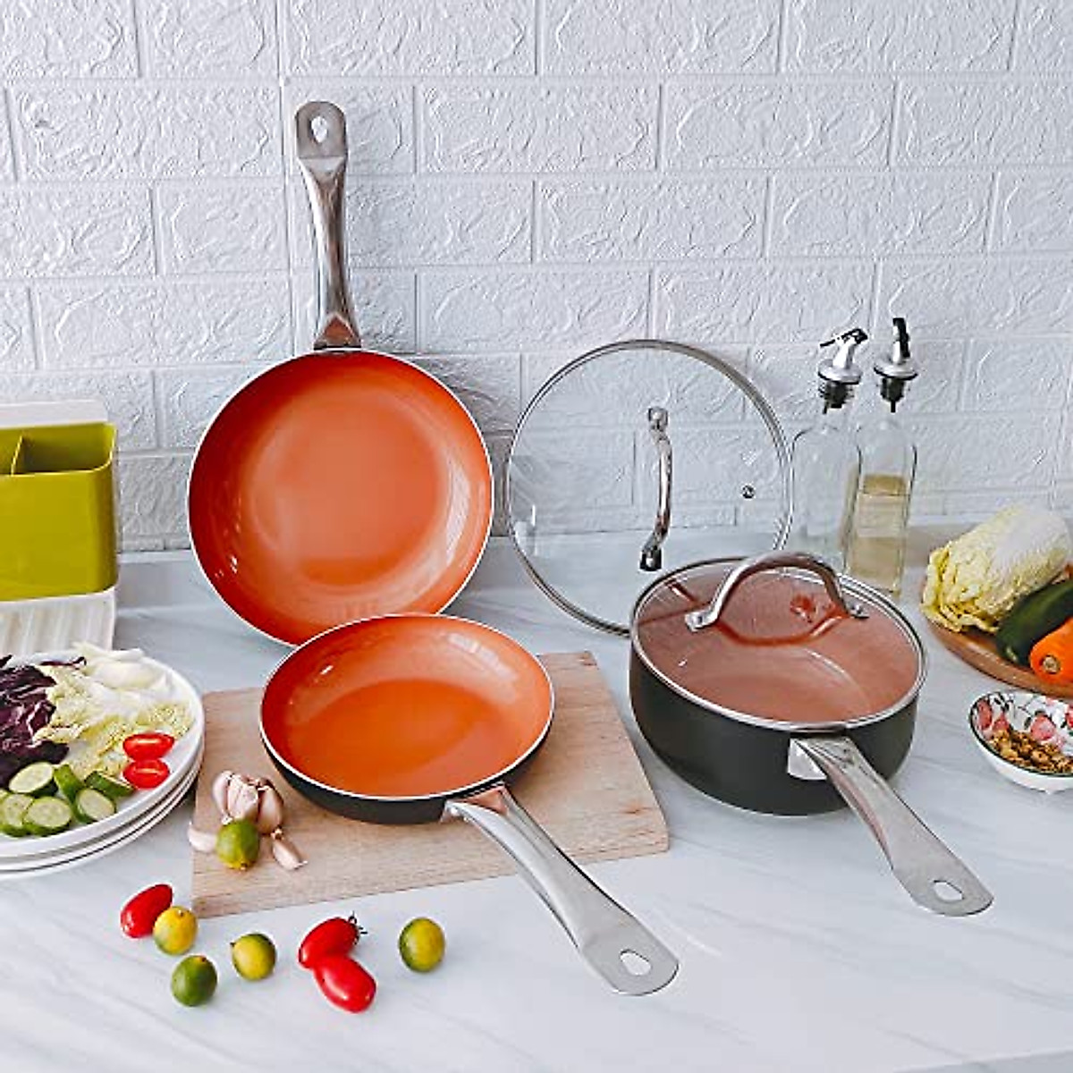 SHINEURI 5 Pieces Copper Cookware Copper Pans and Pot Nonstick Pot and Pans Copper Nonstick Cookware, Ceramic Pot and Pans, Copper Pot - 8 inch Pan, 9.5 inch Frying Pan and 2.5 qt Pot with Lid