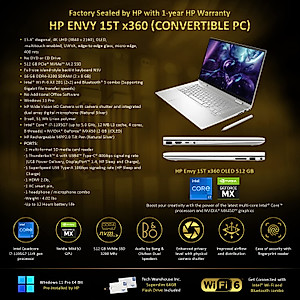 HP Envy 15T x360 2022 i7-1195G7, 16GB RAM, 512 GB NVMe SSD, 15.6" 4K OLED Touch, Windows 11 Pro, Wi-Fi 6, Tilt Pen, Nvidia MX450 2GB GPU, Silver Color, B&O Audio, 64 GB Tech Warehouse Flash Drive