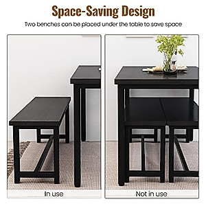 Recaceik Dining Table Set, Rectangular Dining Table and Chairs for 4, Modern Wood Bench Dining Room Table Set Kitchen Table Set with Two Benches & Metal Frame for Kitchen, Restaurant (Black)
