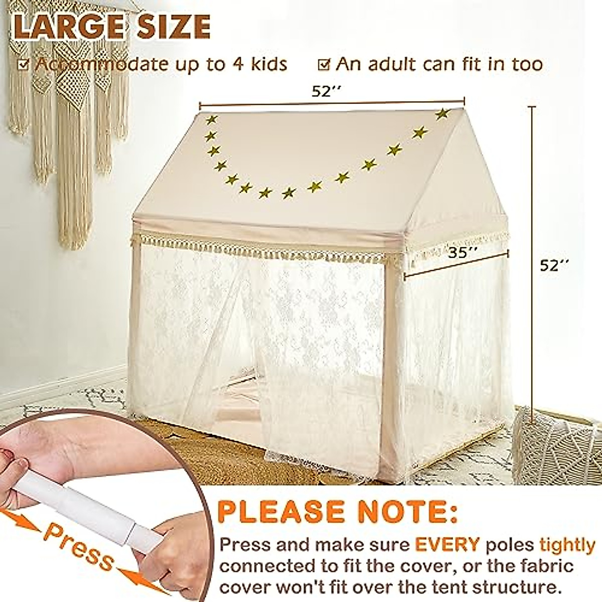 HAN-MM Kids Play Tent Large Playhouse with Mat/Star Light/Star Garland/Tassel Macrame Boho Style Indoor&Outdoor Play Tent for Kids, Neutral Color, 52x35x52, Lace Tassel