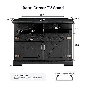 Allewie Farmhouse Corner TV Stand for TVs up to 50 Inches, 44'' Entertainment Center with Adjustable Storage Shelves, Buffet Cabinet for Living Room and Bedroom, Black Oak