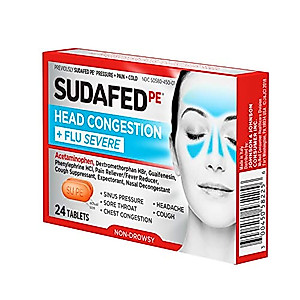 Sudafed PE Head Congestion + Flu Severe Decongestant Tablets for Adults, 24 ct
