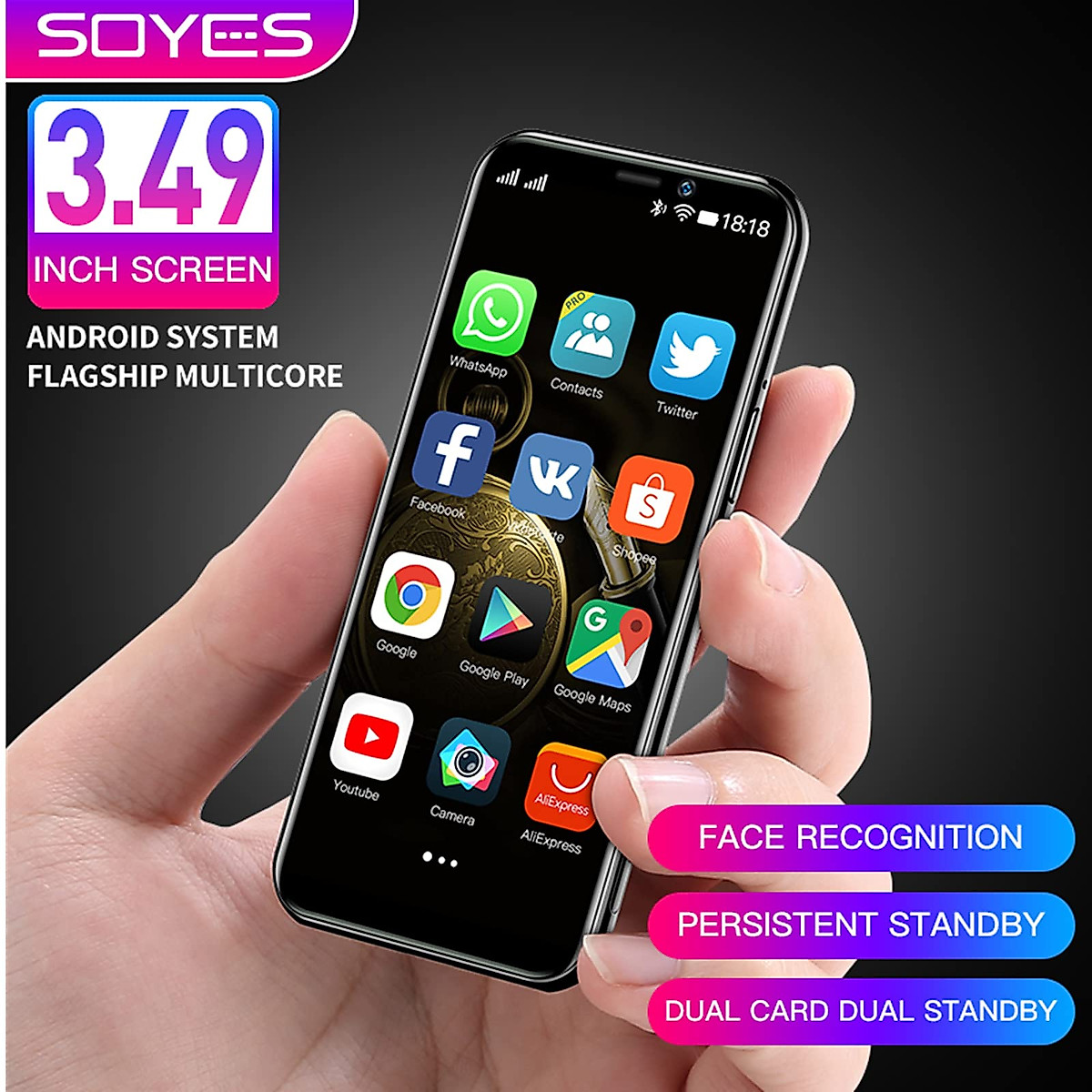 SOYES S10H Mini 4G Card Smartphone RAM 3GB ROM 32GB Android 9.0 Ultra-Thin 3.49 Inch K13 Dual Sim 4G Unlocked Student Mobile Phone Face Recognition Google(Black 3GB+32GB)