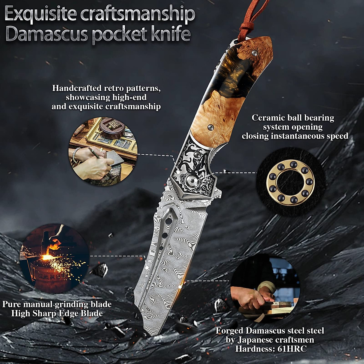 Minowe Japan Handmade Damascus steel steel Folding Pocket Knife，3.5 in High hardness blade，Frame Lock，With Leather Sheath，resin and Maple handle，Mountaineering go fishing hunting Adventure Knifee