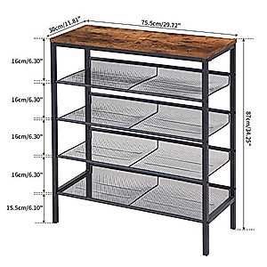 IBUYKE Industrial Shoe Rack, 5-Tier Shoe Organizer with 4 Metal Mesh Shelves, Unit Flat & Slant Adjustable Shoe Storage for 16 Pairs, for Entryway, Hallway, Bedroom, Closet, Rustic Brown, UTMJ083H
