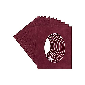 10x12 Mat Bevel Cut for 8x10 Photos - Precut Dark Red Suede Oval Shaped Photo Mat Board Opening - Acid Free Matte to Protect Your Pictures - Bevel Cut for Family Photos, Pack of 25 Matboards Show Kits