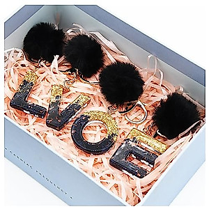 Lucky 26 Initials Letter Keychain Black Plush Ball Keyring Resin Letter Pendant Gift for Women Girl (Black Plush Ball letter-L)
