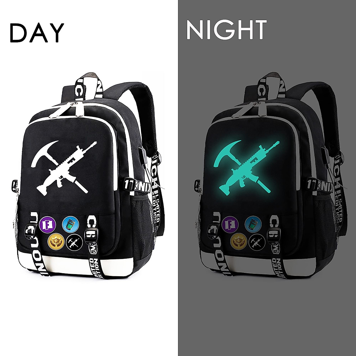 EZIOUOMO Fort Backpack Fort Bag with USB Charging Port Unisex Fashion Luminous Daypack with Badges